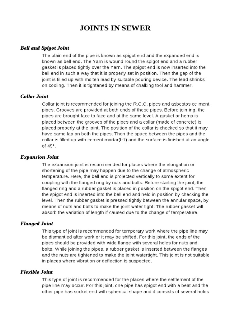 Bell and Spigot Joint The Plain End of The Pipe Is Known As Spigot End ...