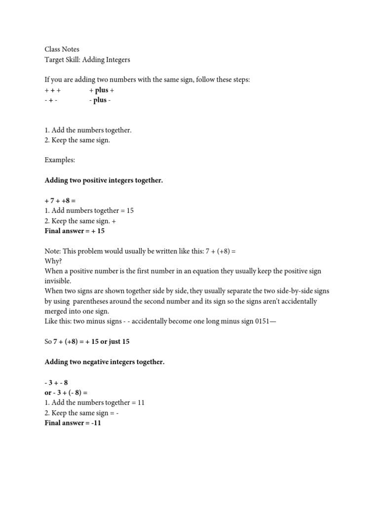 Adding Integers Class Notes | PDF