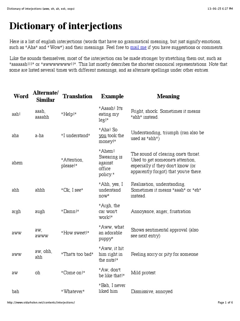 Dictionary of Interjections (Aww, Dics Oh, Ah, Eek, Oops) | PDF ...