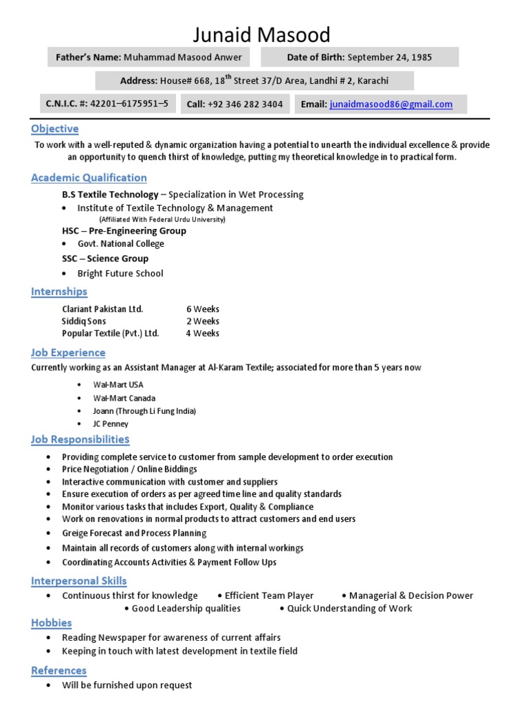 Junaid Masood: Textile Professional Profile | PDF