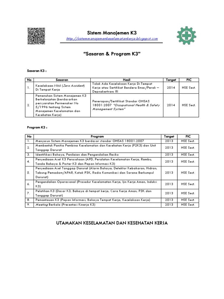 Sasaran Dan Program K3 | PDF
