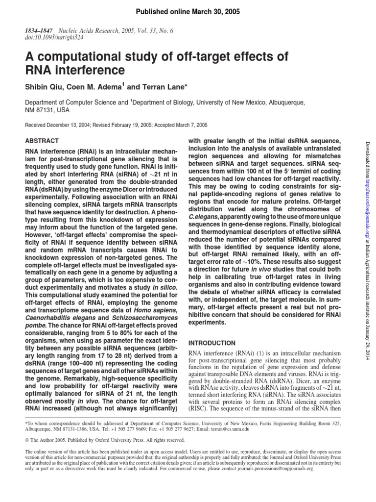 Nucl. Acids Res.-2005-Qiu-1834-47 | PDF | Rna Interference | Small ...
