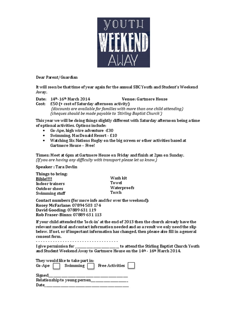 SBC Youth Weekend Away Information and Consent Forms | PDF | Wellness ...