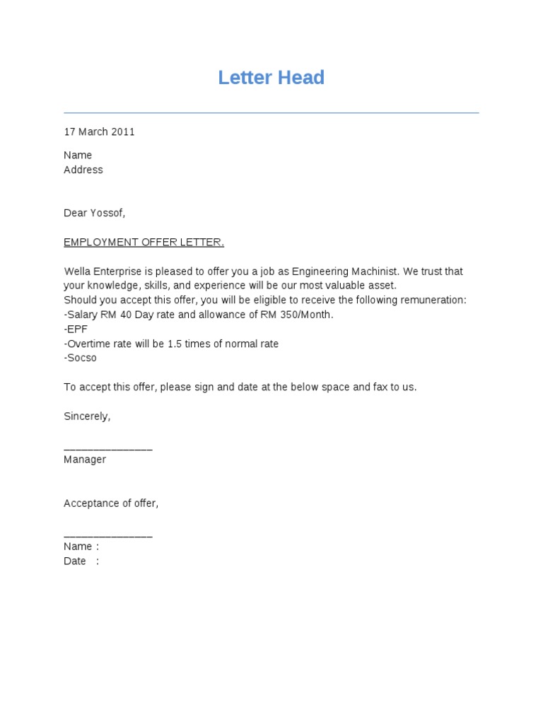 Employment Offer Letter for Machinist | PDF