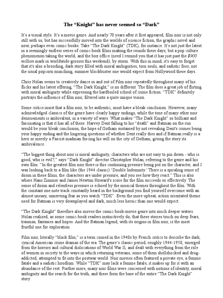 The Dark Knight: A Film Noir Analysis | PDF | Film Noir | Batman