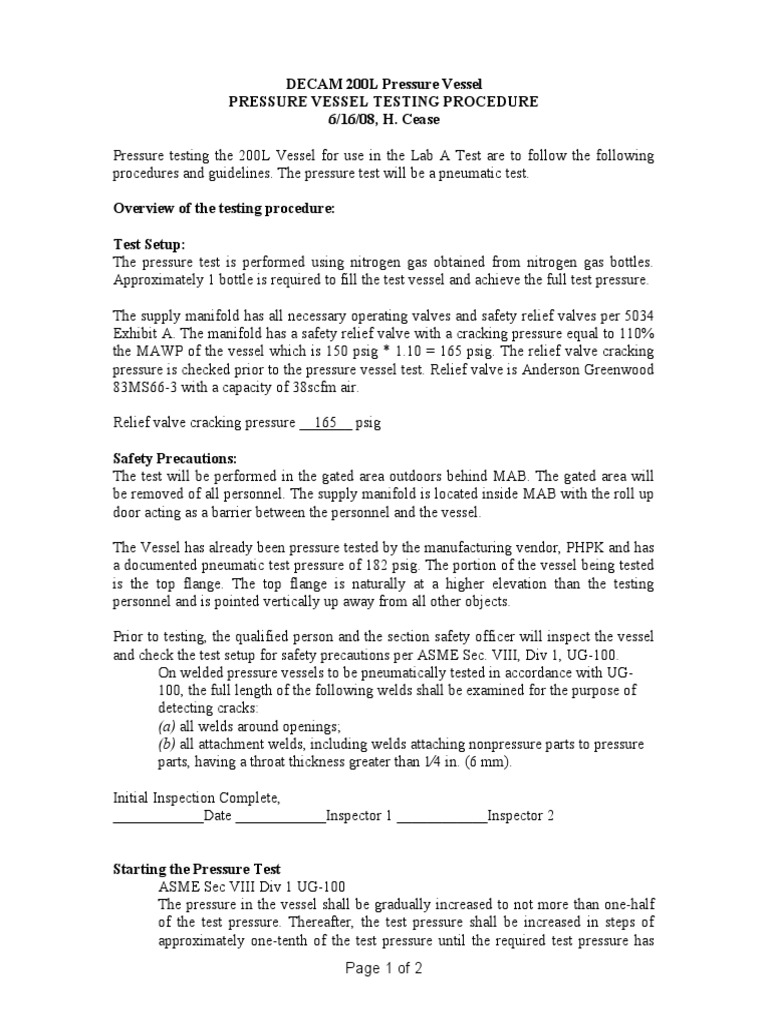 200L Pressure Vessel Testing Guide | PDF