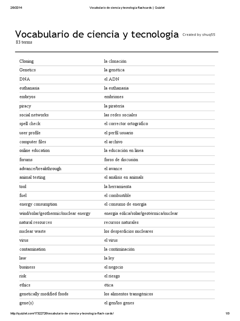Vocabulario de Ciencia y Tecnologia Flashcards - Quizlet | PDF ...
