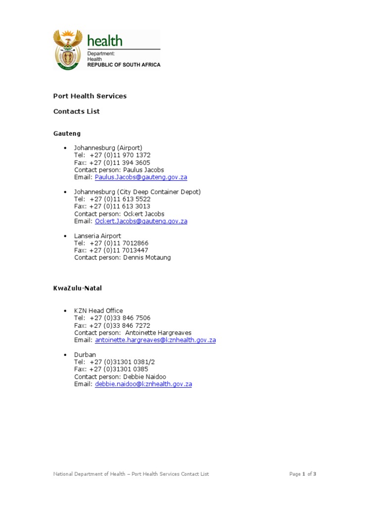 Gauteng Port Health Services Contacts | PDF