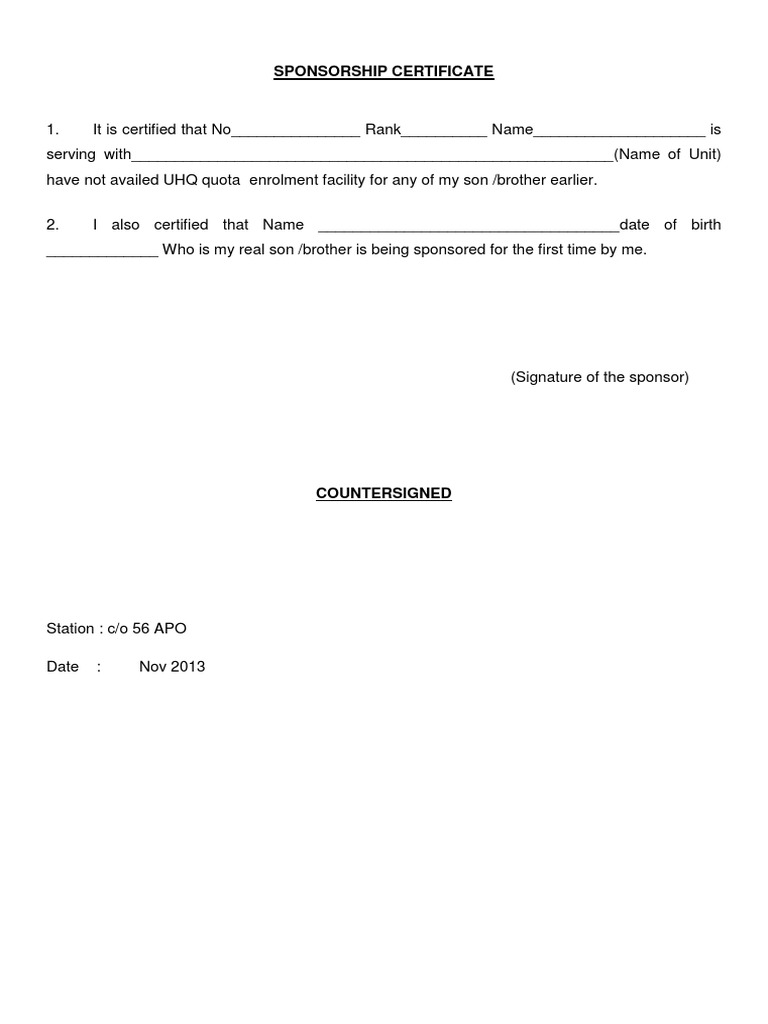 Army Sponsorship Certificate Format | PDF | Government And Personhood ...