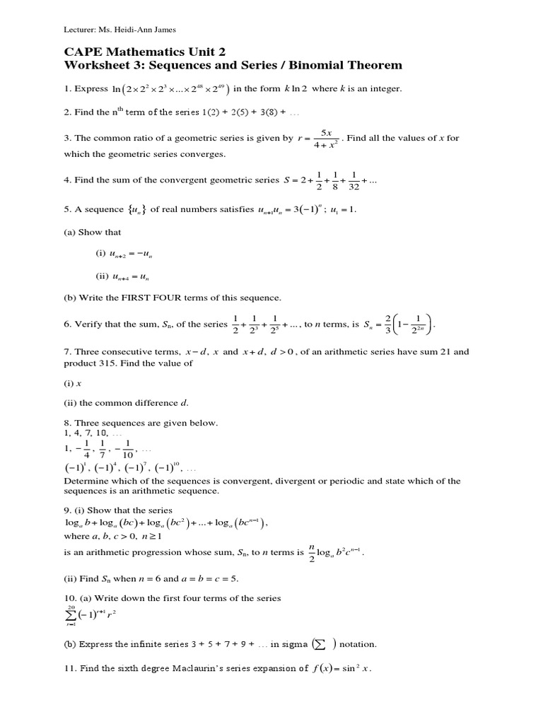Worksheet 3 - Sequences and Series | PDF | Series (Mathematics) | Sequence