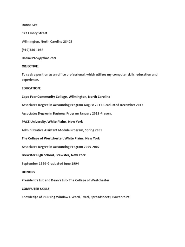 Office Professional Resume of Donna See | PDF