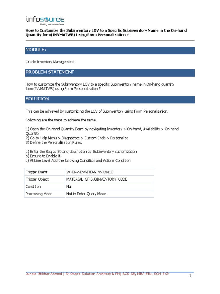 How To Customize The Subinventory LOV To A Specific Subinventory Name in The On-Hand Quantity ...