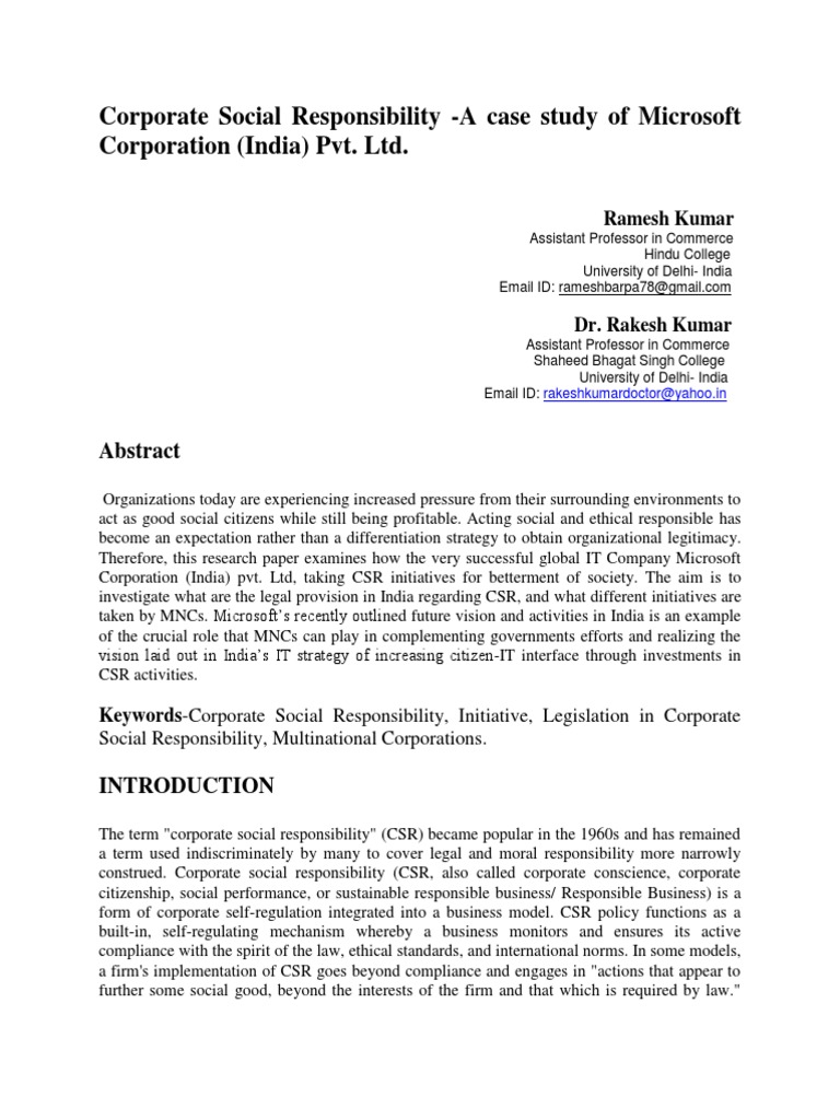 Corporate Social Responsibility - A Case Study of Microsoft Corporation ...