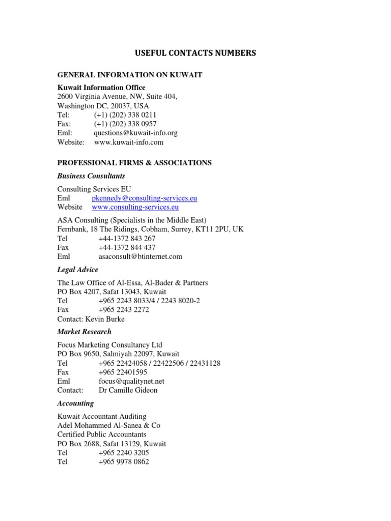 Useful Contact Numbers Kuwait | PDF | Kuwait | United Kingdom