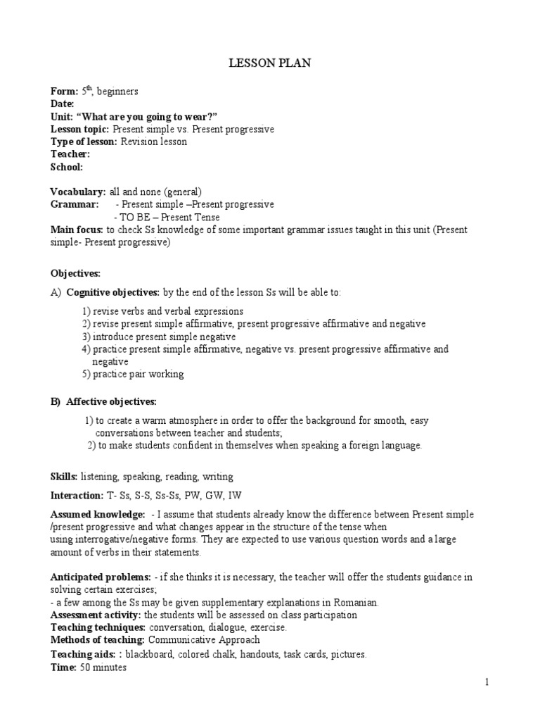 Lesson Plan Present Simple Vs Present Progressivecls5 | PDF ...