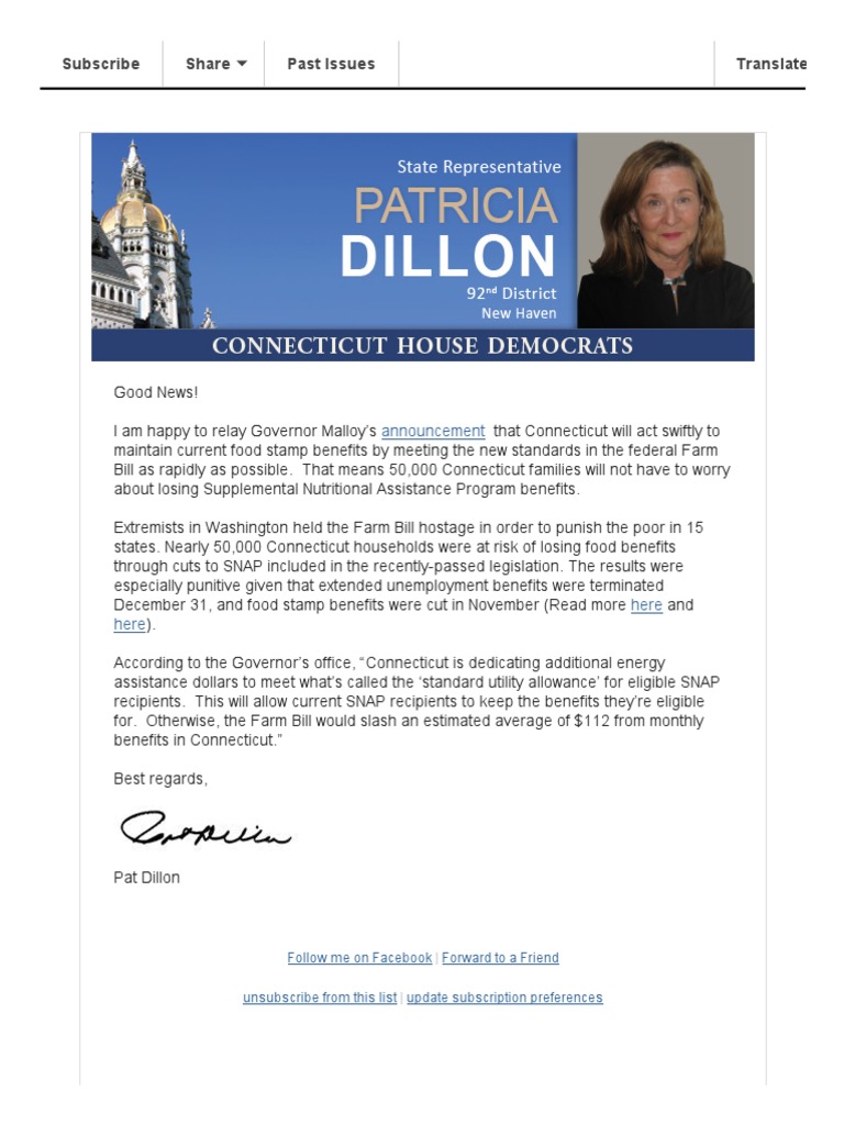 Rep Pat Dillon: Gov Malloy To Aid Families Harmed by Food Cuts To SNAP ...