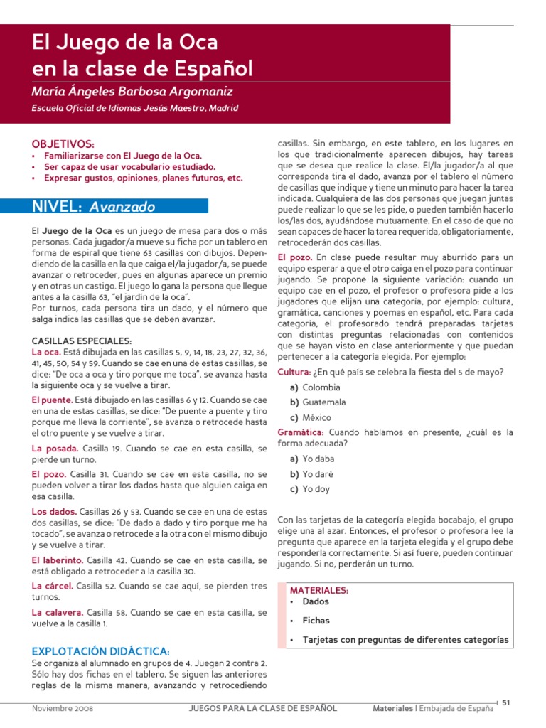 La Oca Juego para Revisar Verbos y Otras Estructuras Gramaticales | PDF ...