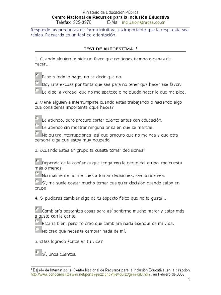 Test de Autoestima | Autoestima | Actitud psicológica