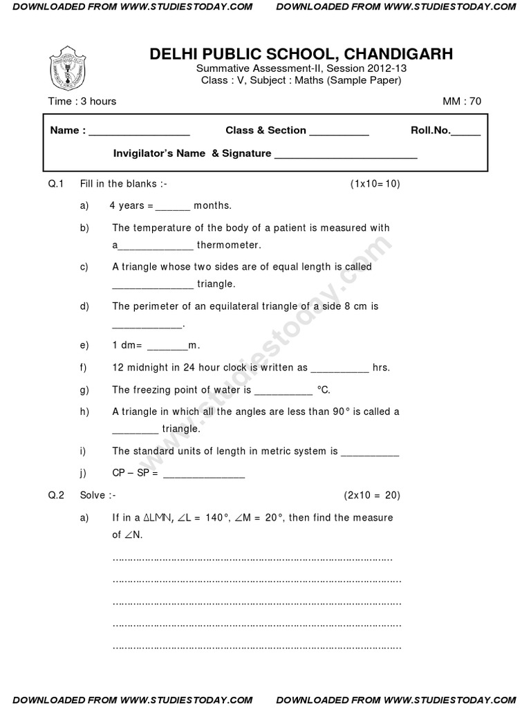 CBSE Class 5 Maths Question Paper SA 2 2013 | PDF | Triangle | Geometry