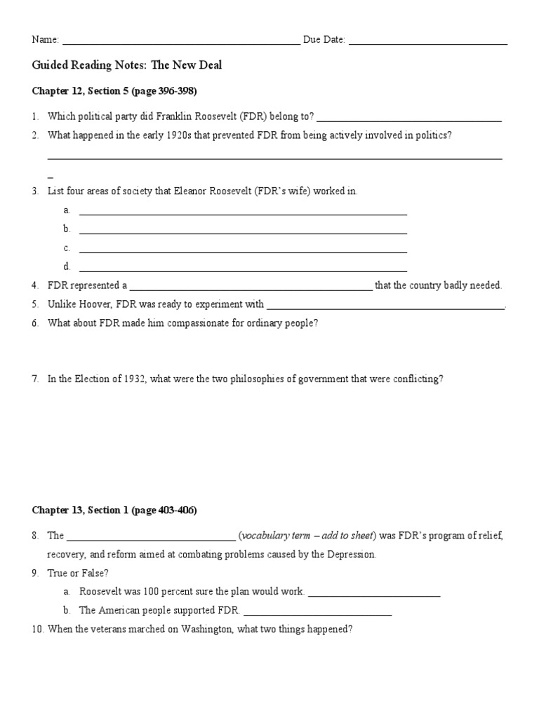New Deal Guided Reading Notes | PDF