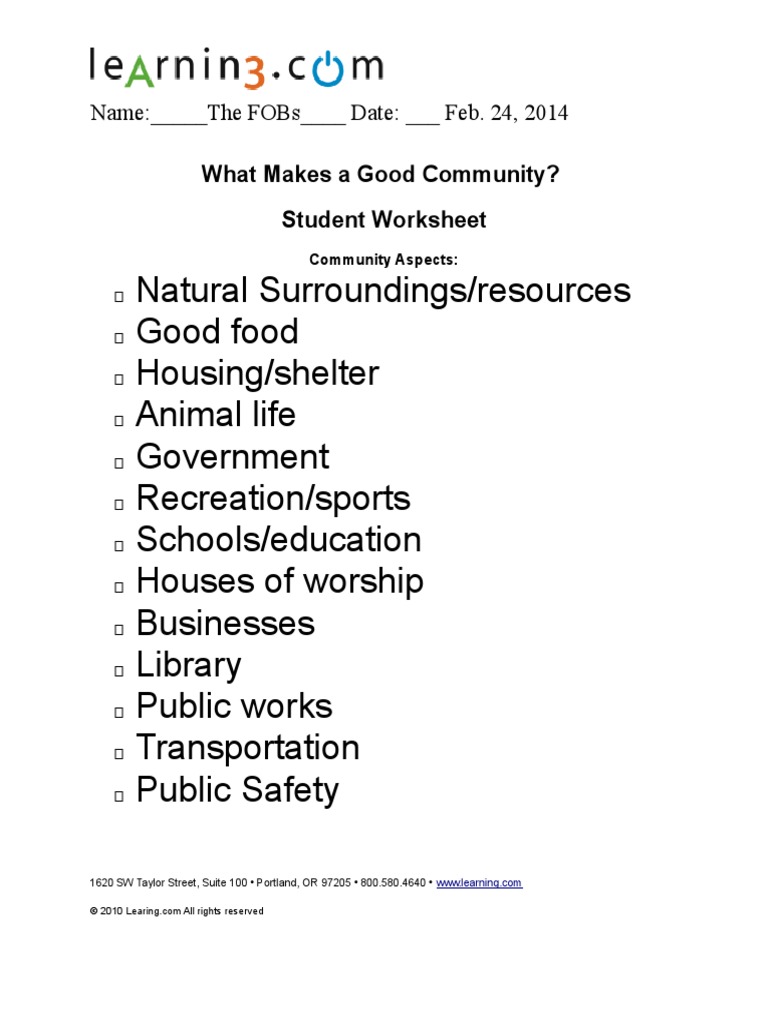 Community Aspects Student Worksheet | PDF