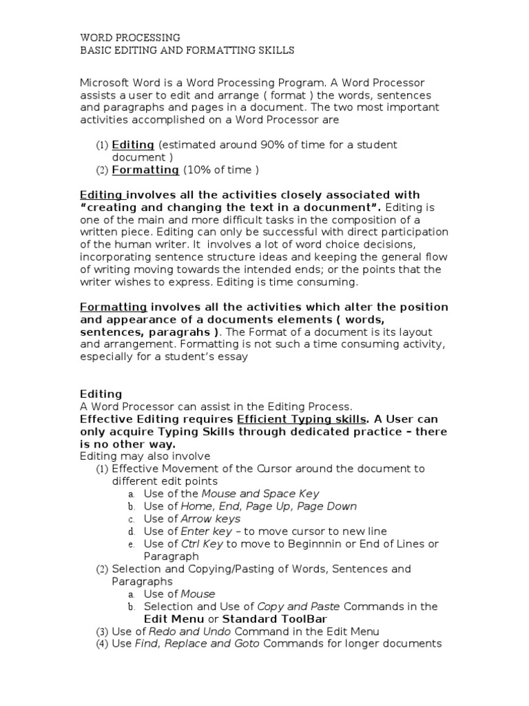 1 - Word Processing - Basic Editing and Formatting | PDF | Word ...