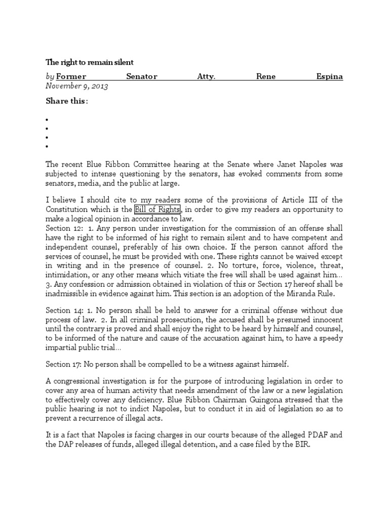 The Right To Remain Silent | PDF | Miranda Warning | Right To Silence