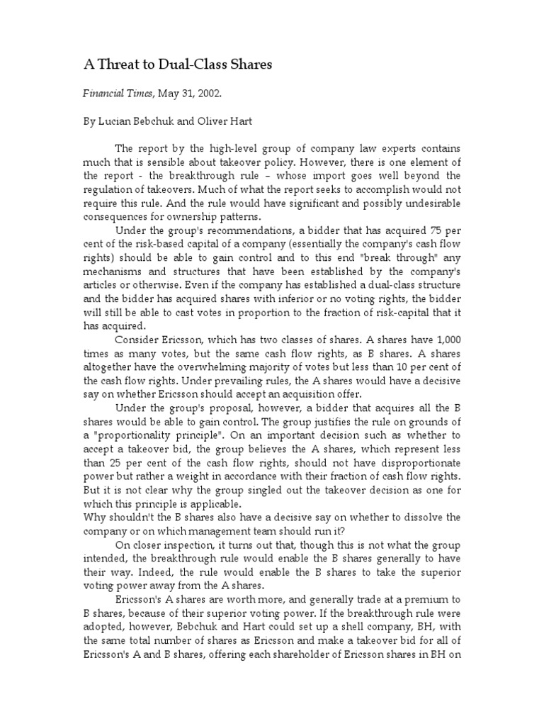 Impact of Breakthrough Rule on Dual-Class Shares | PDF | Takeover | Justice