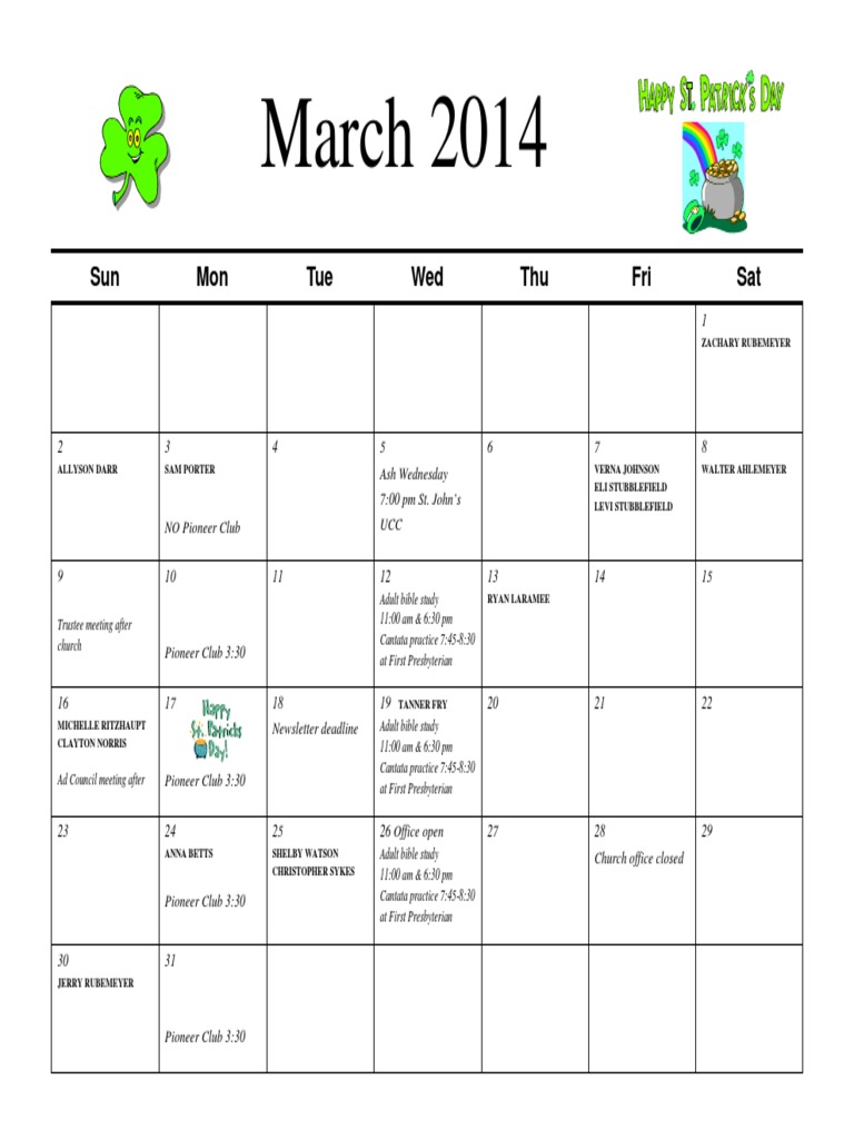 March Church Events Meetings PDF