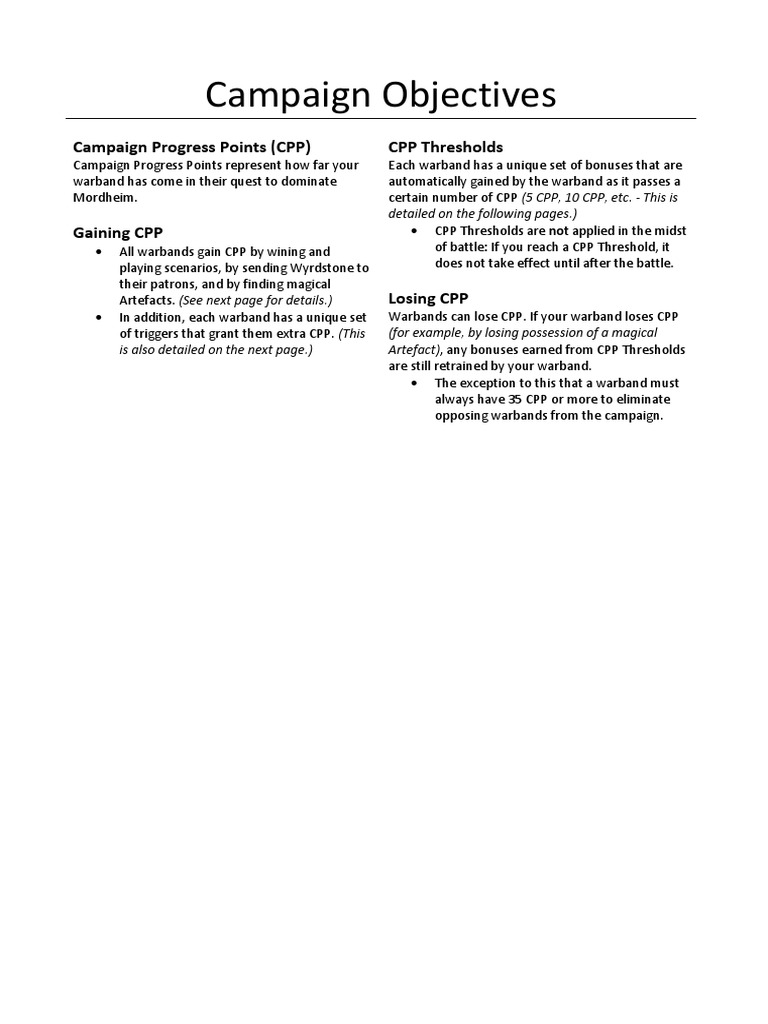 Campaign Objectives: Campaign Progress Points (CPP) CPP Thresholds ...