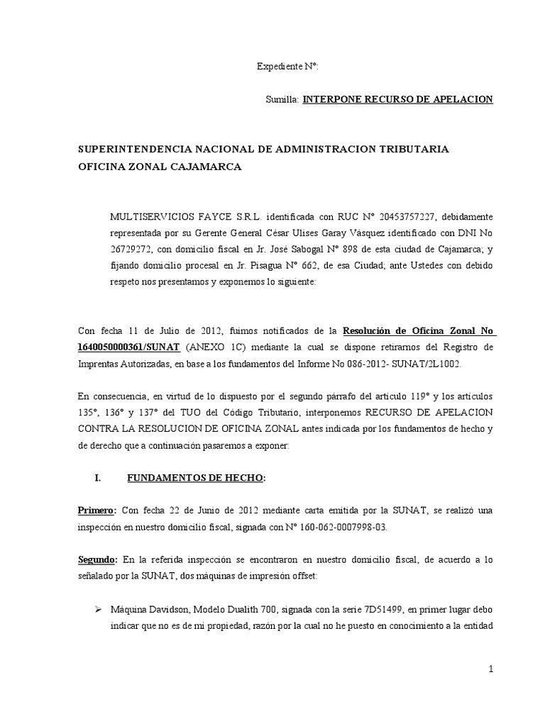 Recurso de Apelacion Cesar Garay Sunat | PDF | Instituciones sociales | Ciencias sociales