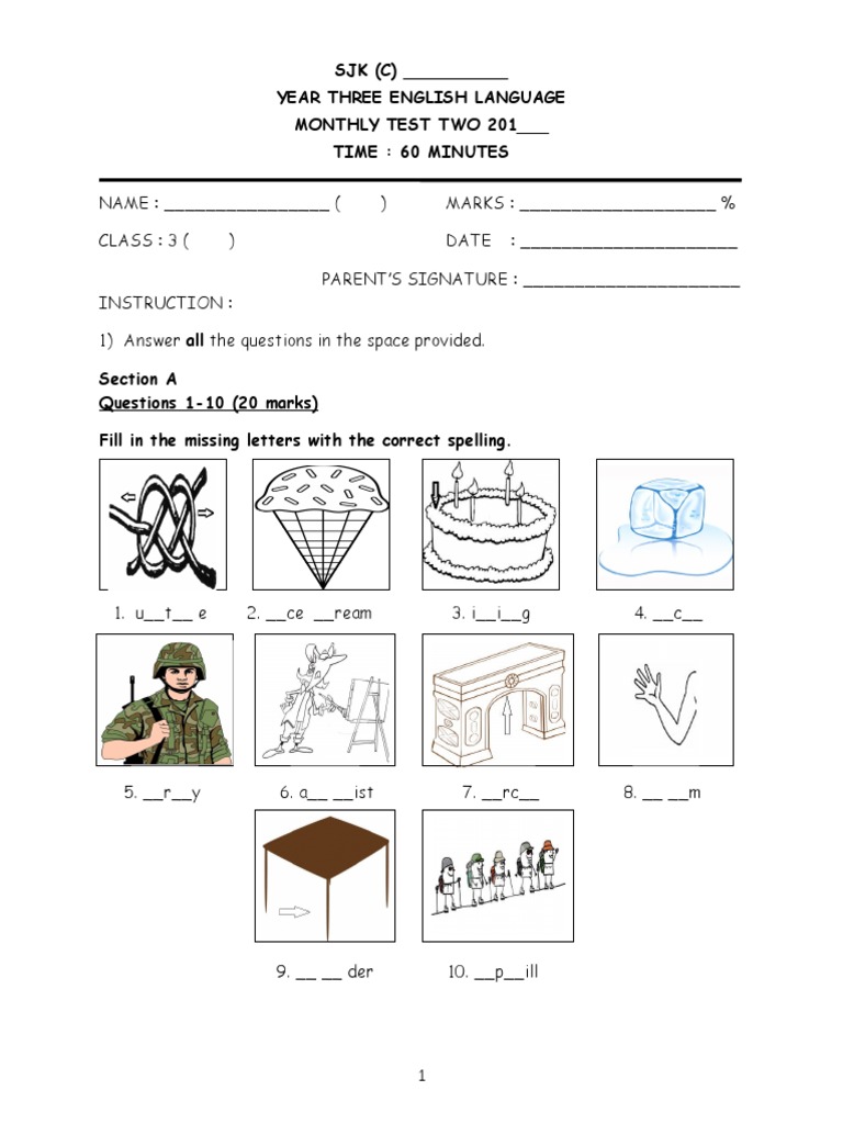 English monthly test year 3 | Languages
