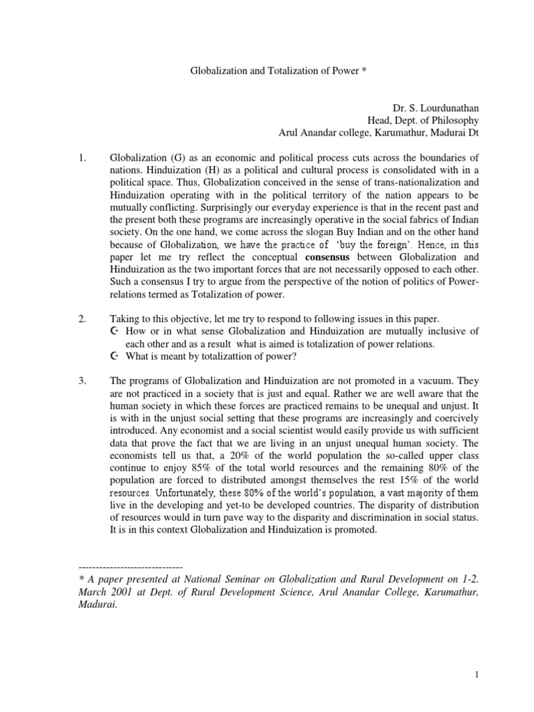 Globalisation and Totalization of Power S. Lourdunathan | PDF | Power ...