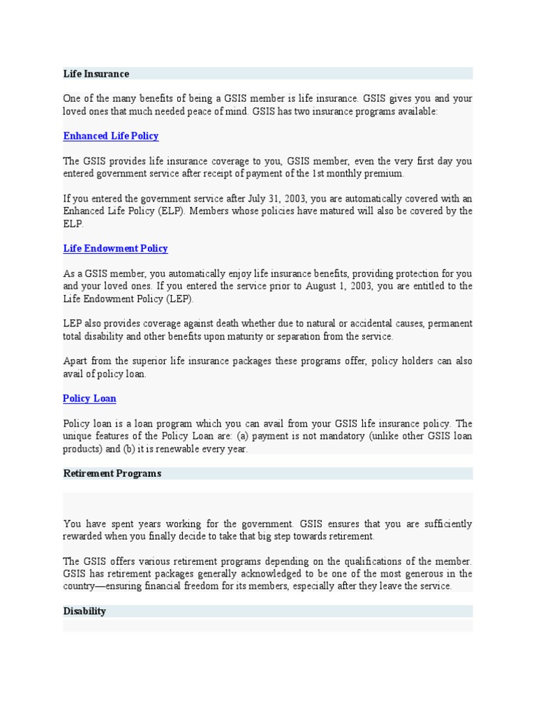 GSIS Benefits | PDF | Pension | Life Insurance