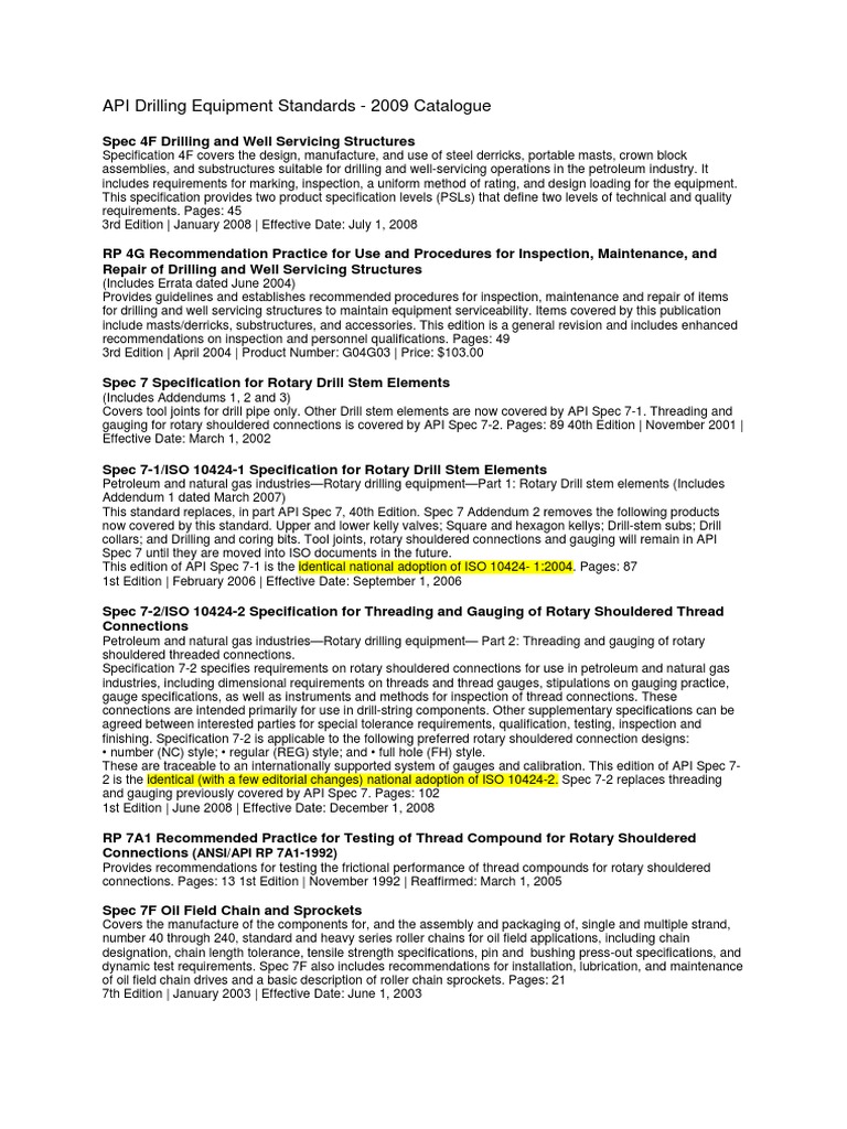API Drilling Equipment Standards 2009 | PDF | Technology & Engineering