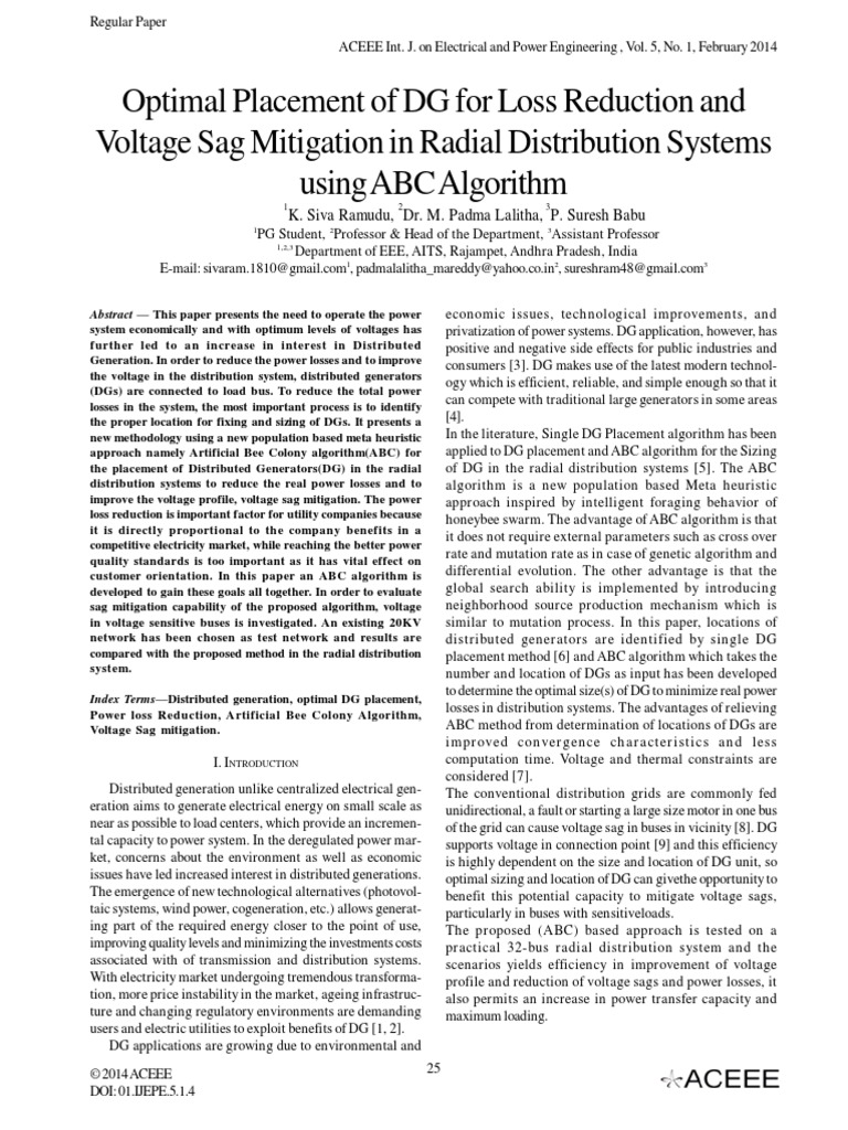 Optimal Placement of DG For Loss Reduction and Voltage Sag Mitigation in Radial Distribution ...