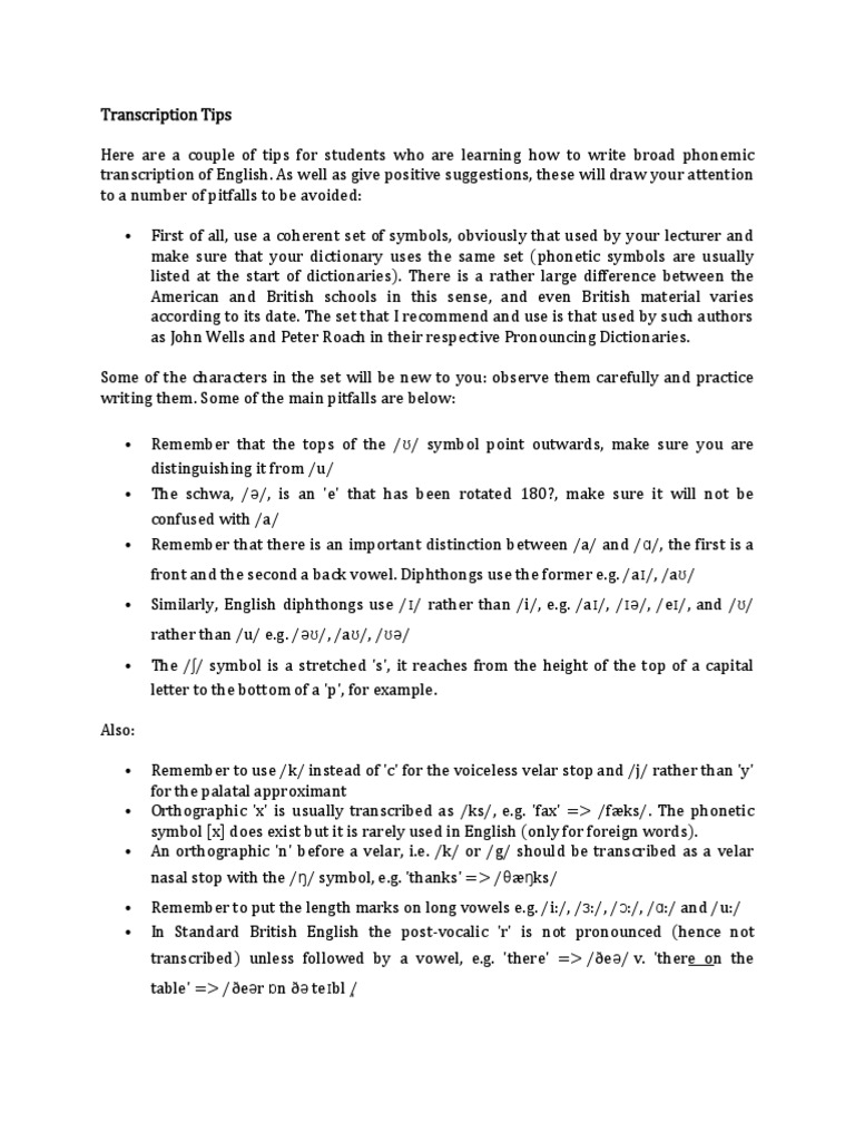 Transcription Tips | PDF | Vowel | English Language