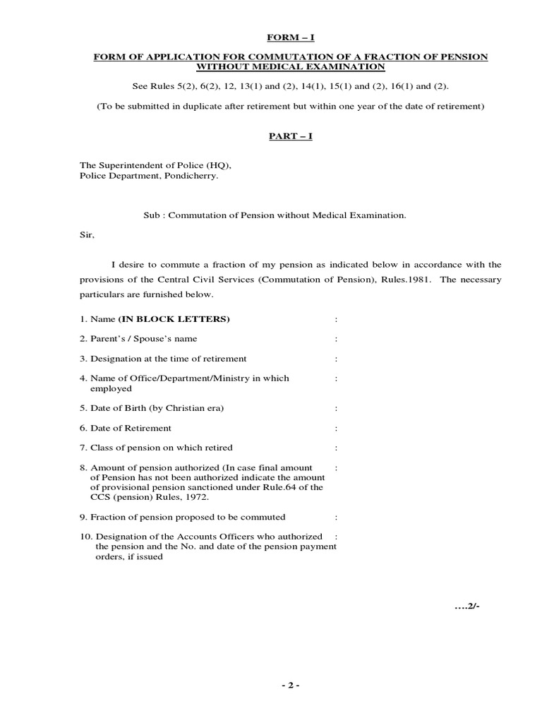Form of Application For Commutation of A Fraction of Pension | PDF