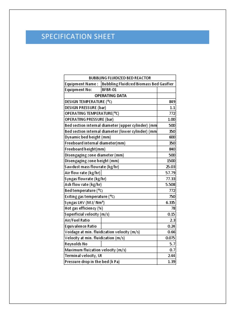 Specification Sheet | PDF | Fluidization | Gasification