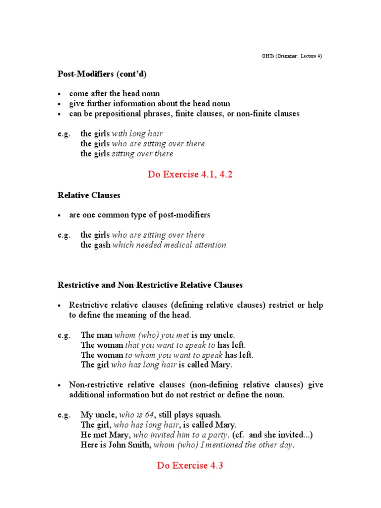 Post-Modifiers (Cont'd) : Do Exercise 4.1, 4.2 | PDF | Perfect (Grammar ...