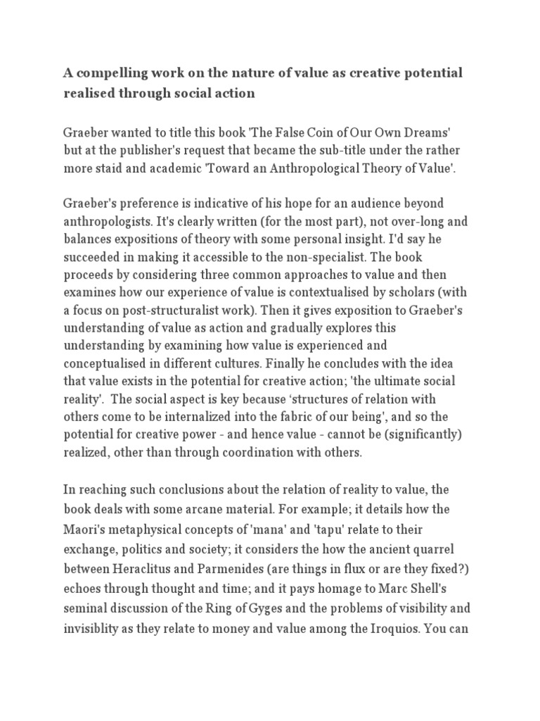 A Review Of Towards An Anthropological Theory Of Value By David Graeber