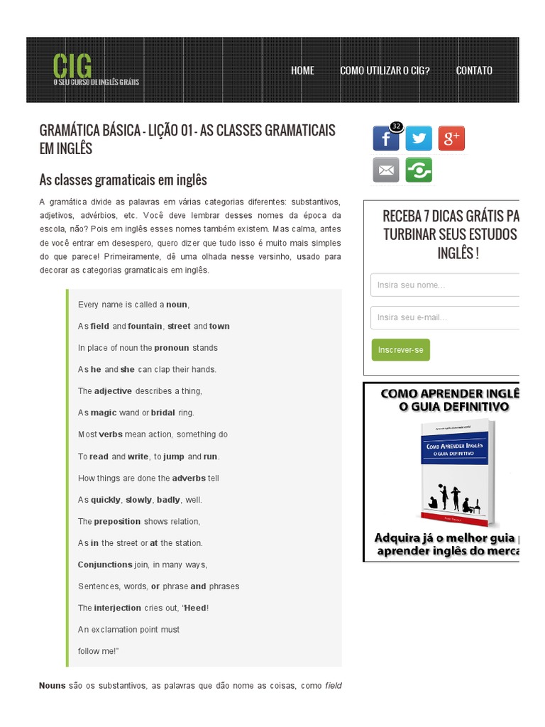 Gramática Básica - Lição 01 - As Classes Gramaticais em Inglês - Curso ...