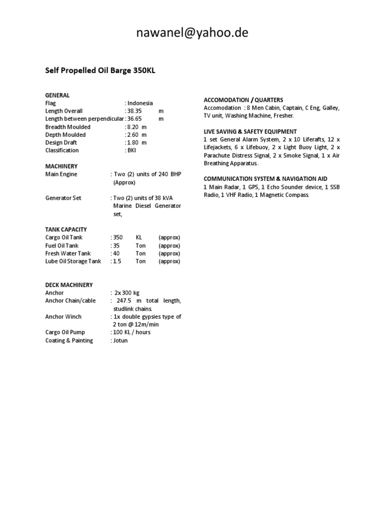 Self Propelled Oil Barge Specs | PDF