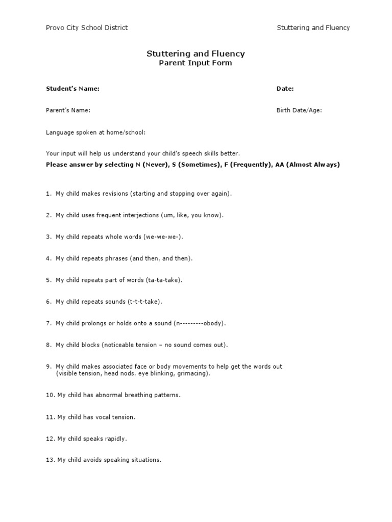 Stuttering PDF Form Stuttering and Fluency Parent Input | PDF ...