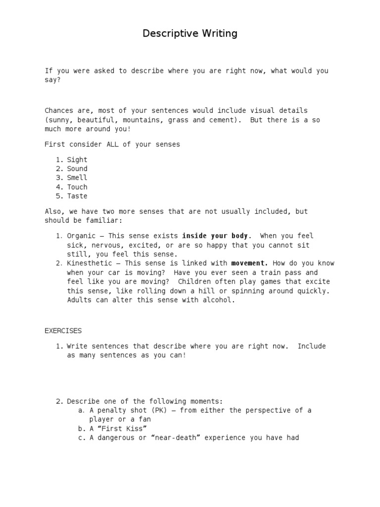 Descriptive Writing - Using All Senses | PDF | Senses | Mental Processes