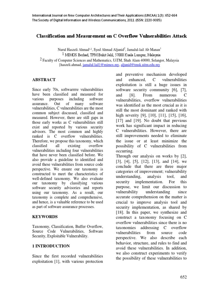 Classification And Measurement On C Overflow Vulnerabilities Attack Pdf Pointer Computer