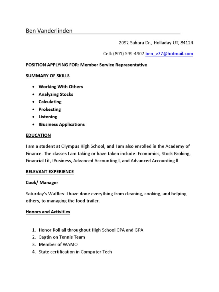 Ben Vanderlinden: Member Service Resume | PDF