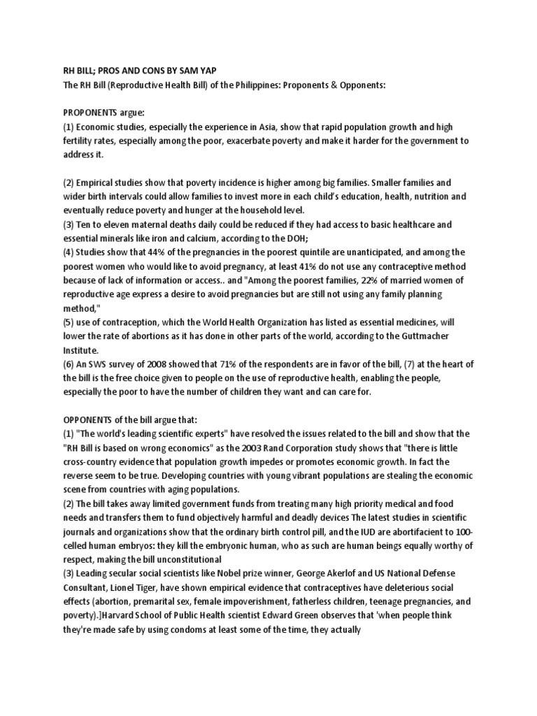 RH Bill Pros and Cons | PDF | Birth Control | Family Planning