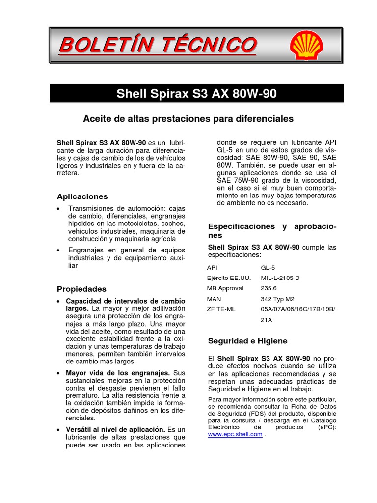 Aceite Shell Spirax S3 AX 80W-90 | PDF
