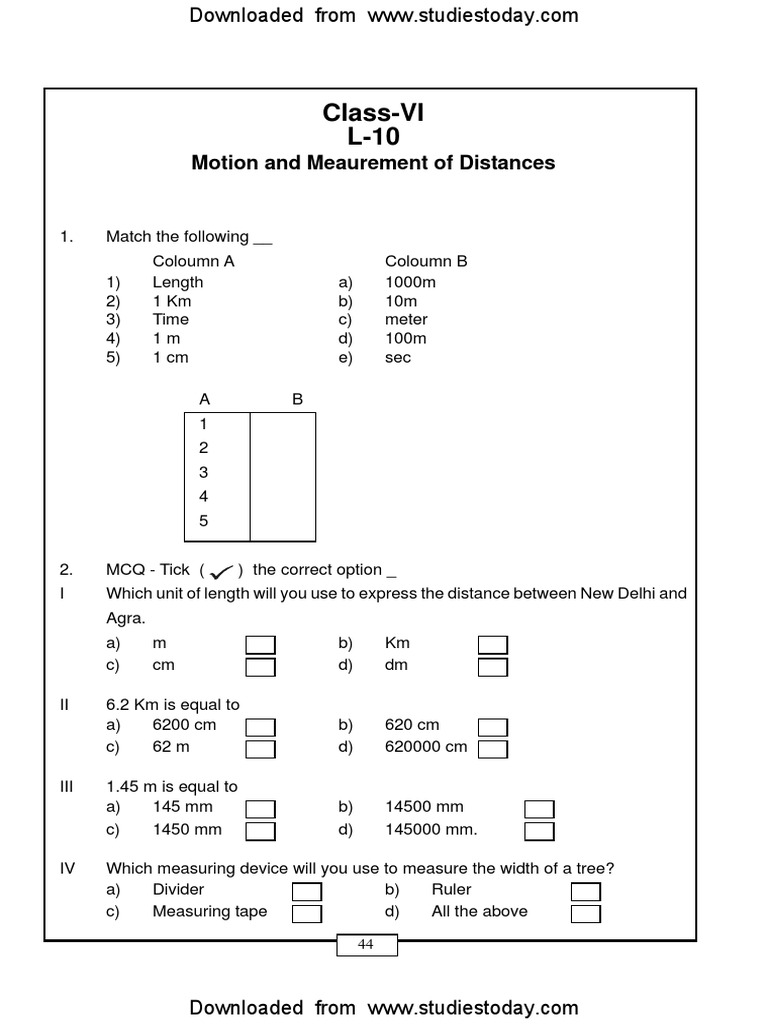 CBSE Class 6 Motion and Meaurement of Distances Worksheet | PDF | Computers